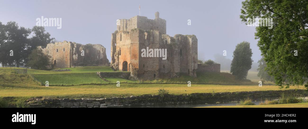 Misty view of the Ruins of Brougham Castle, river Eamont, near Penrith ...