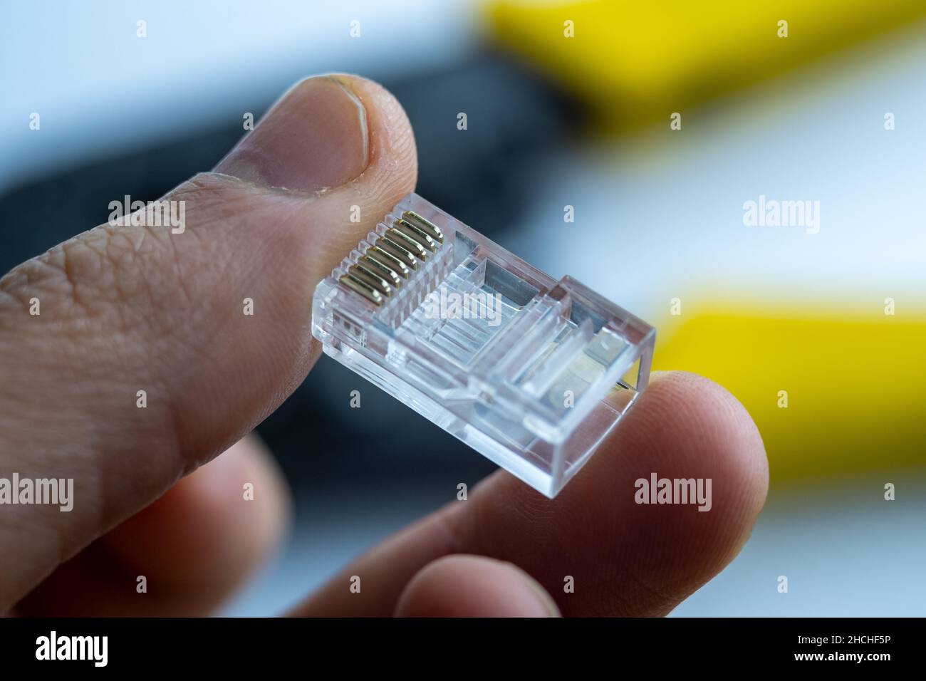 LAN ethernet rj45 connector in hand. close up Stock Photo - Alamy