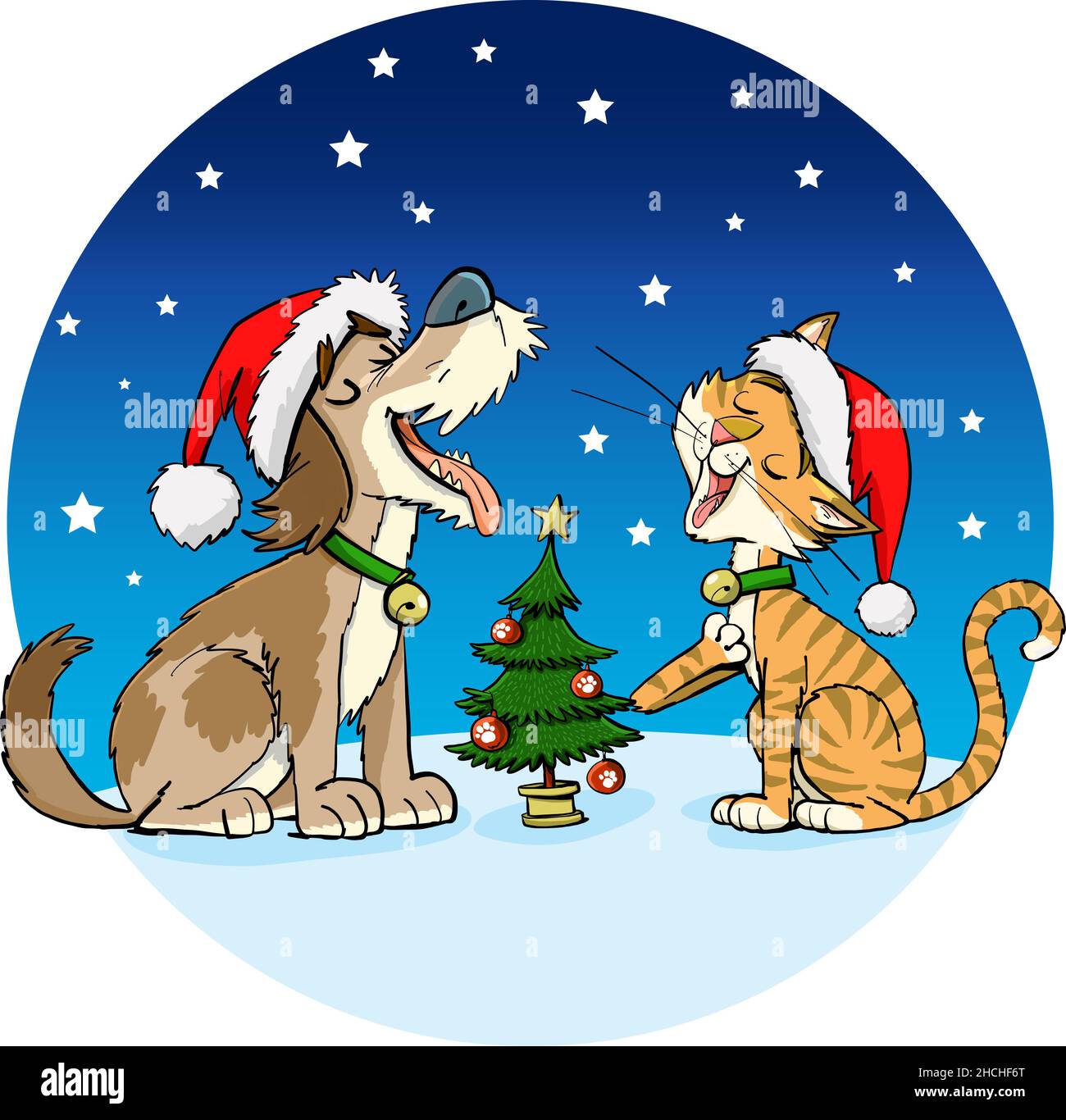 Dog and cat singing a Christmas song Stock Photo - Alamy
