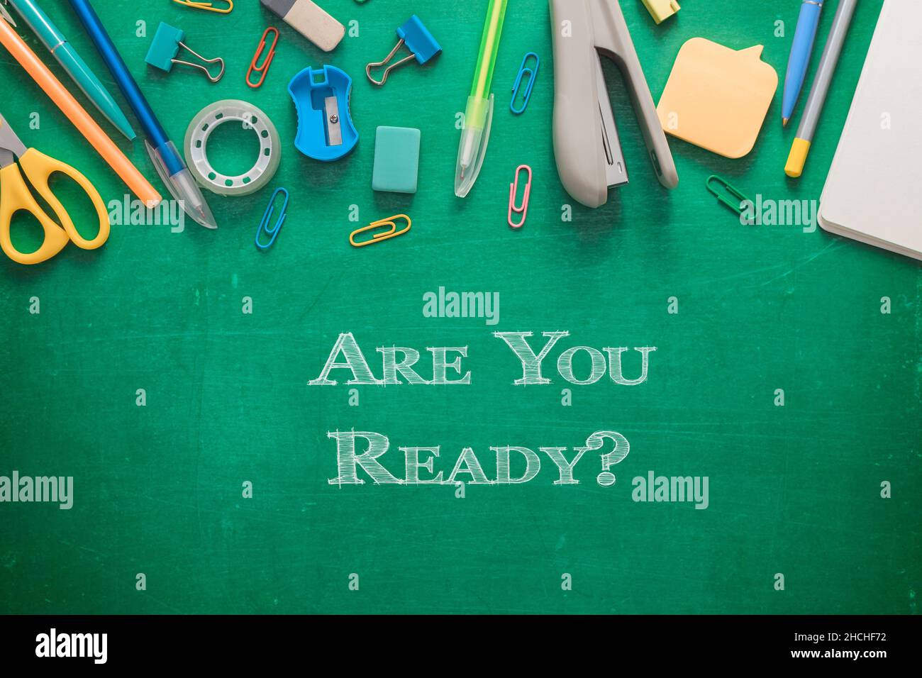 text on school green chalkboard are you ready Stock Photo - Alamy