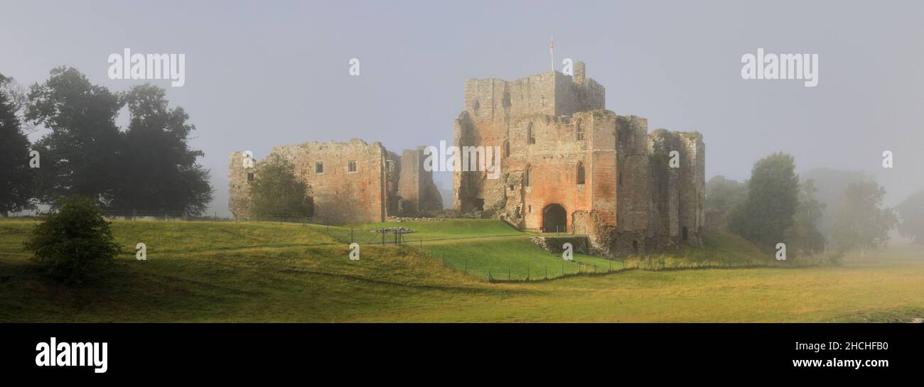 Misty view of the Ruins of Brougham Castle, river Eamont, near Penrith ...
