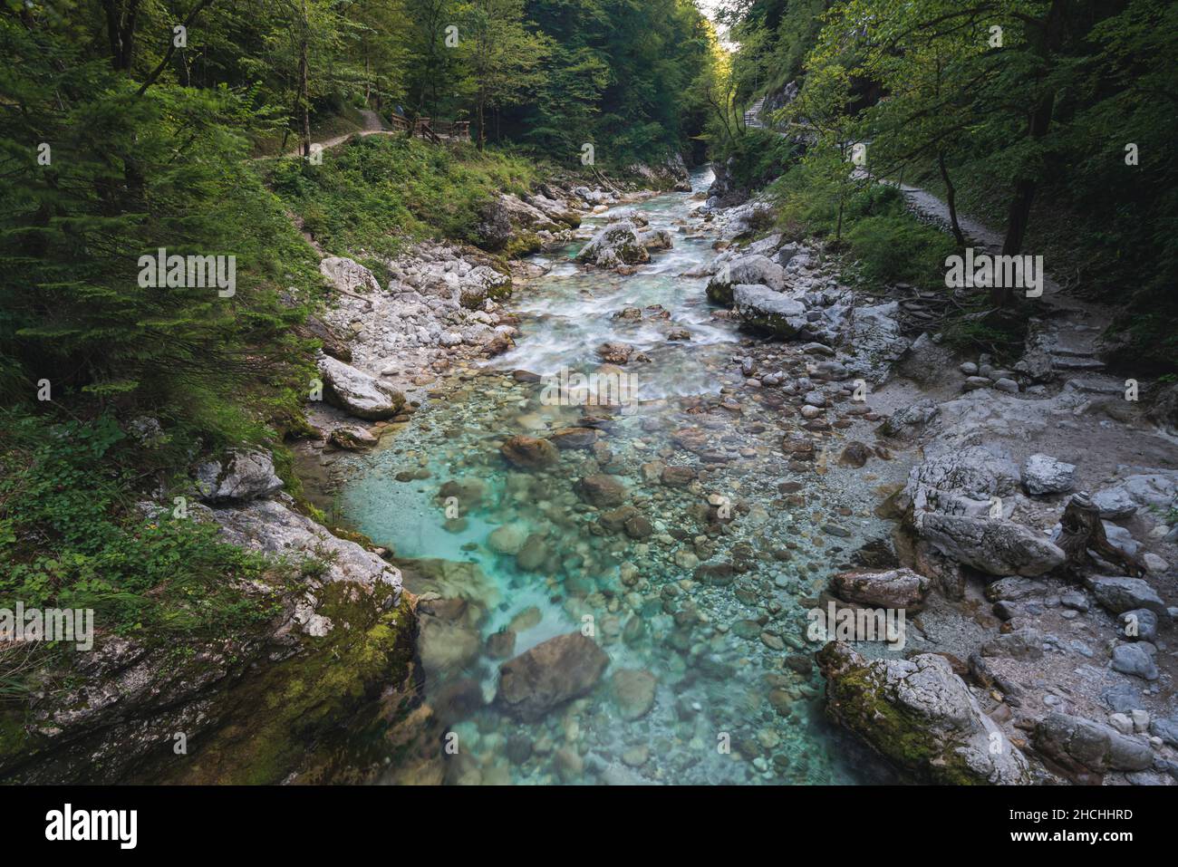 Beautiful scene of streaming water in a mountain gorge surrounded by a ...