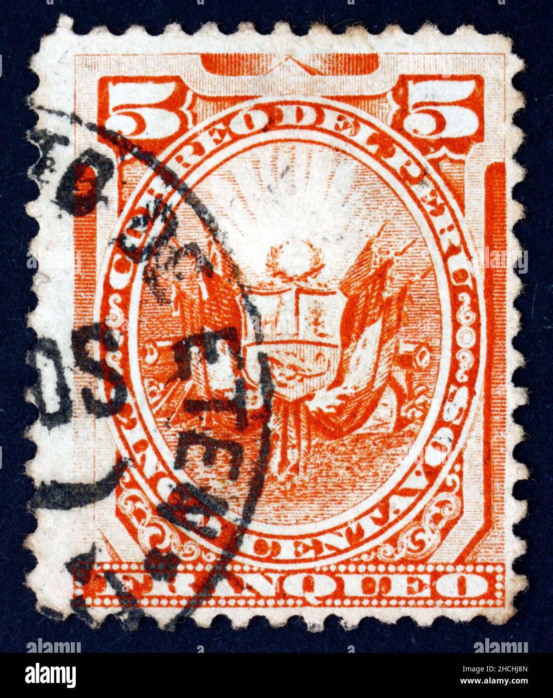 PERU - CIRCA 1886: a stamp printed in the Peru shows Coat of Arms of ...