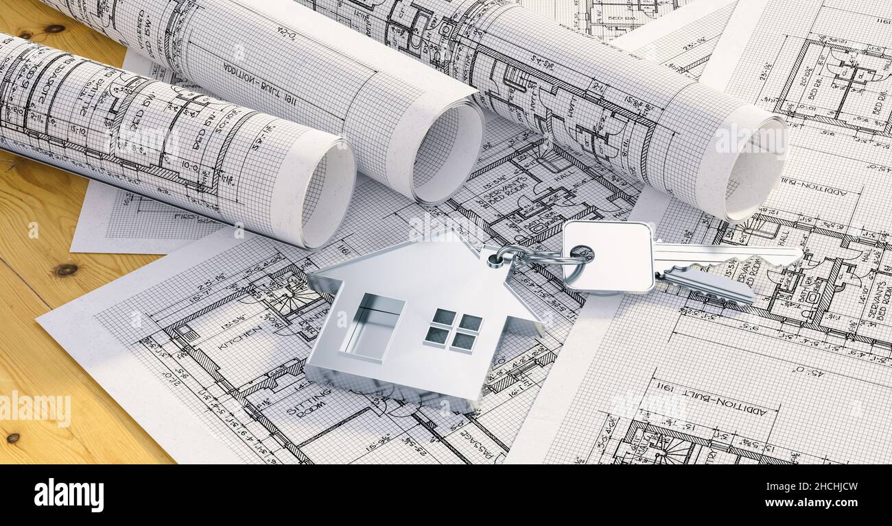 Keys with house and achitectural plans, house building concept image ...