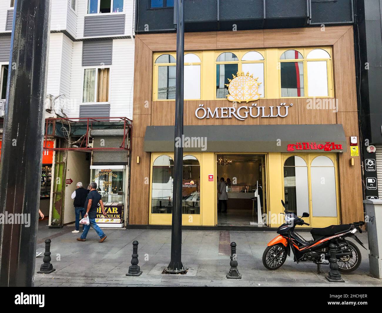 Turkey - 25th september, 2021: street view famous Baklava shop restaurant Omergullu exterior ...