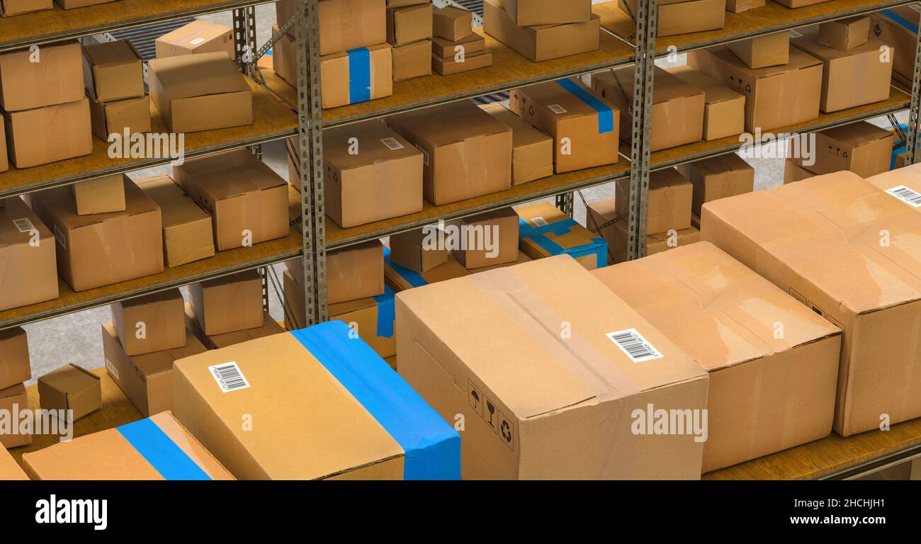 warehouse with shelves and cardboard boxes, Packed courier delivery ...