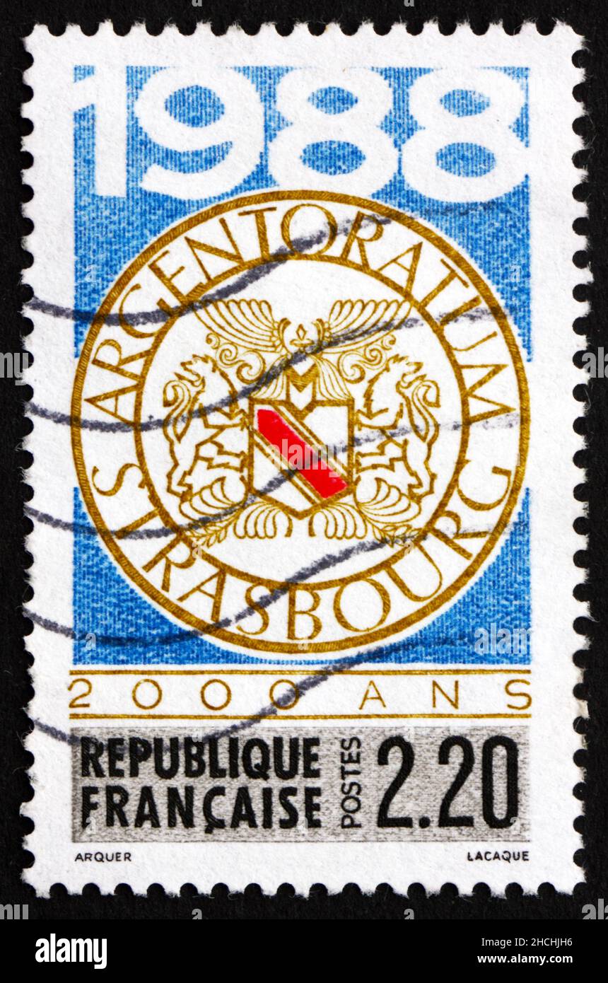 FRANCE - CIRCA 1988: a stamp printed in the France shows Municipal Arms ...