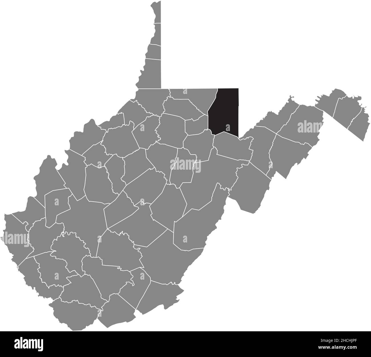 Black highlighted location map of the Preston County inside gray ...
