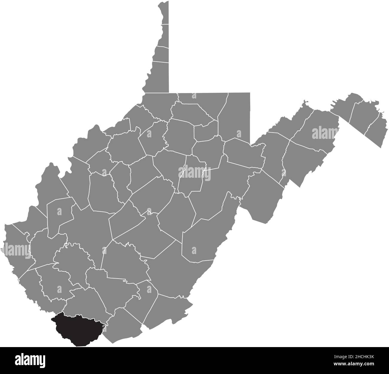Black highlighted location map of the McDowell County inside gray ...