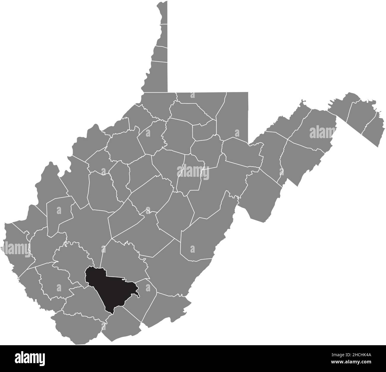 Black highlighted location map of the Raleigh County inside gray ...