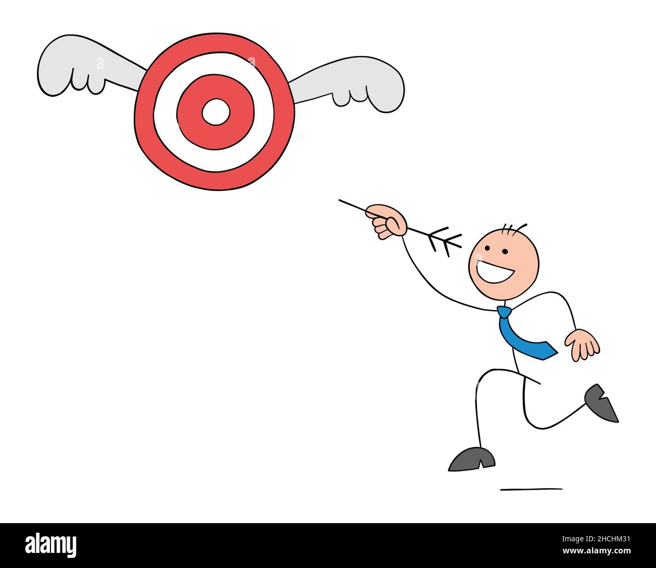 Stickman businessman with arrow in hand chasing winged flying bulls eye ...