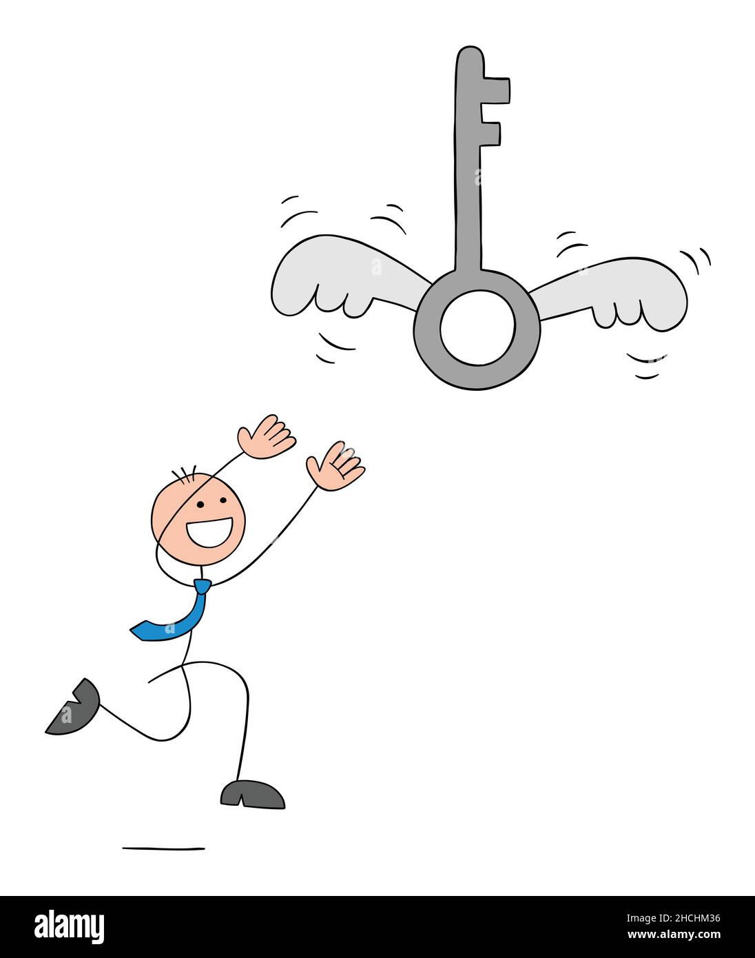 Stickman businessman is trying to catch the big key with the wings ...