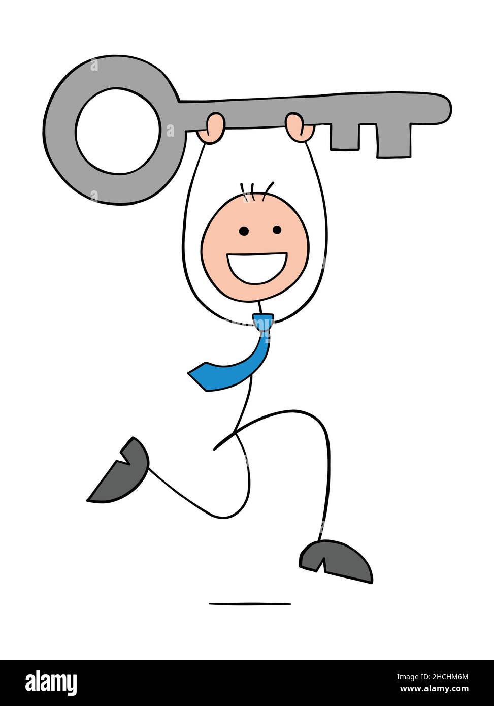 Stickman businessman happy and carries the big key, runs. Hand drawn ...
