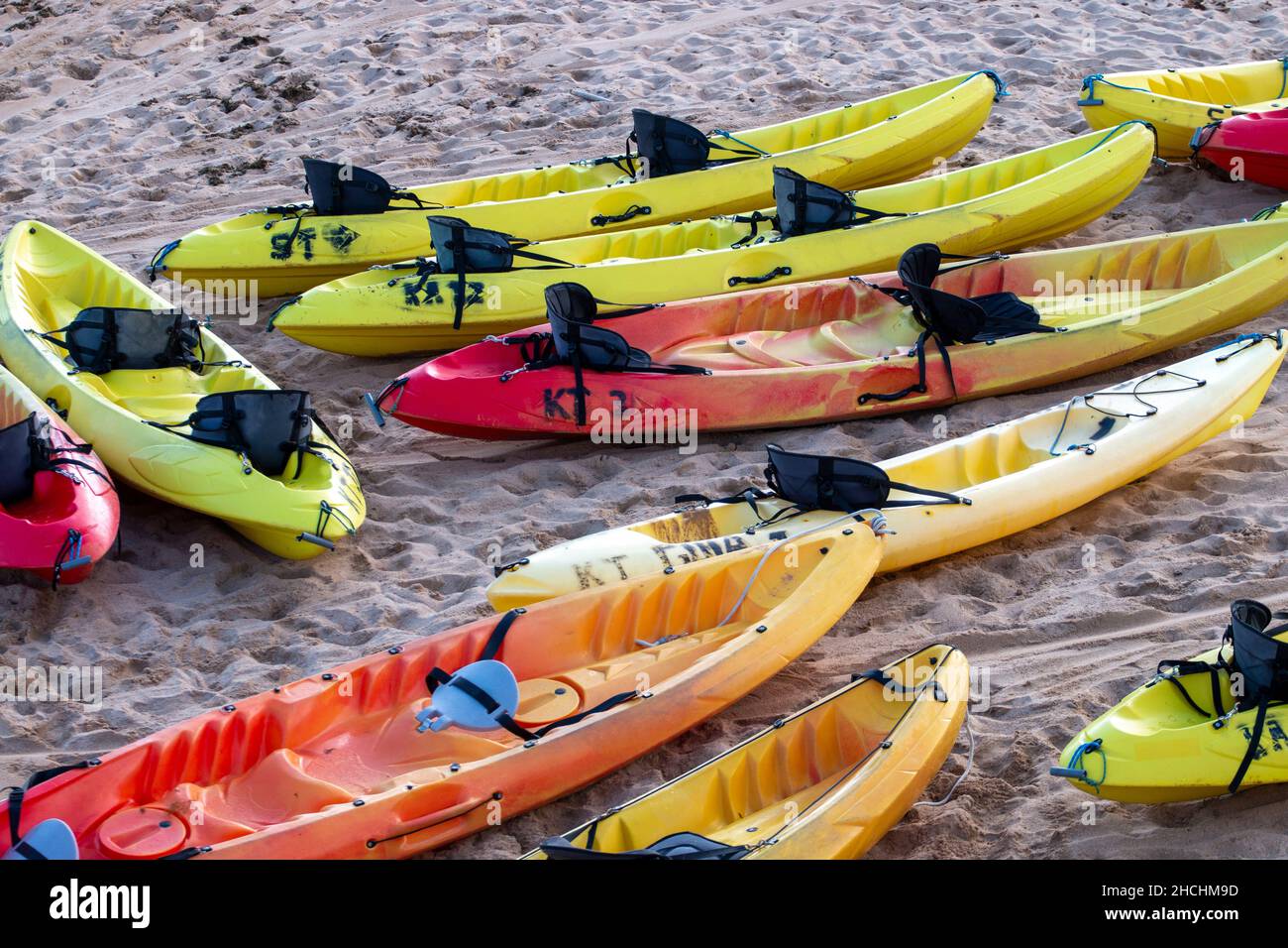 Group of yellow kayaks on the beach sand Stock Photo - Alamy