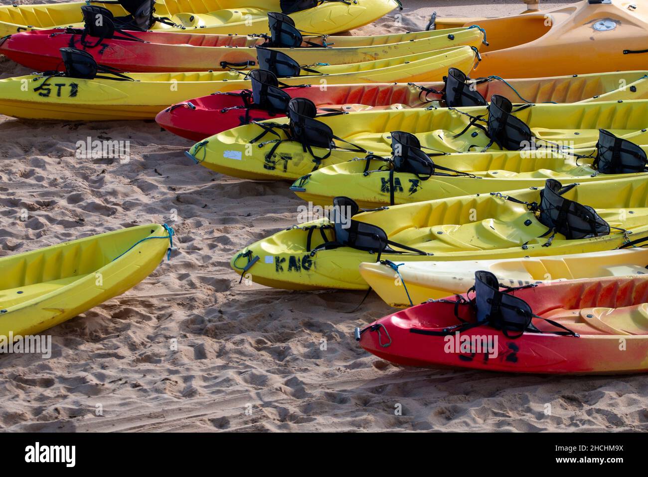 Group of yellow kayaks on the beach sand Stock Photo - Alamy