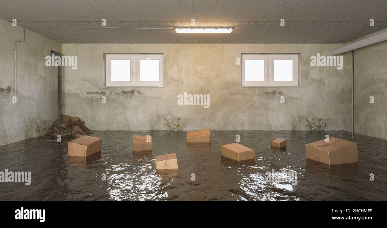 flooded basement of the house with wet Cardboard boxes in the water ...