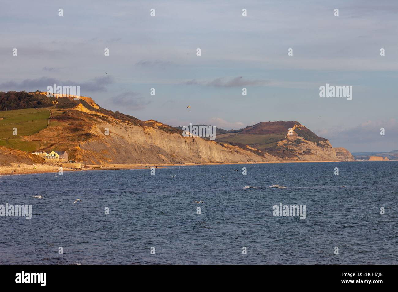 Charmouth beach and cliffs in Autumn sunshine. Dorster. England. UK ...