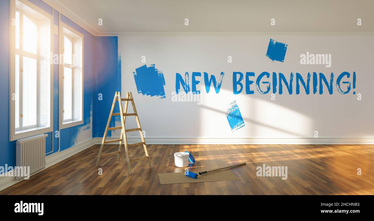 New Beginning written on wall during renovation in a room, with ladder ...