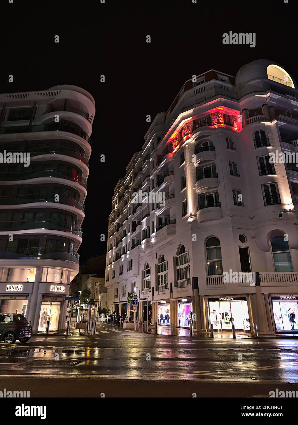 Night view of modern buildings in the downtown of Cannes, French ...