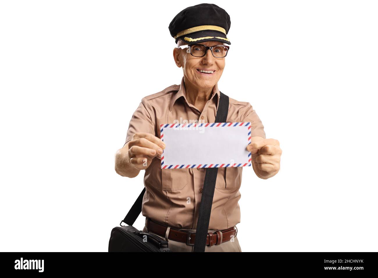 Mature mailman in a uniform showing letters and smiling isolated on ...