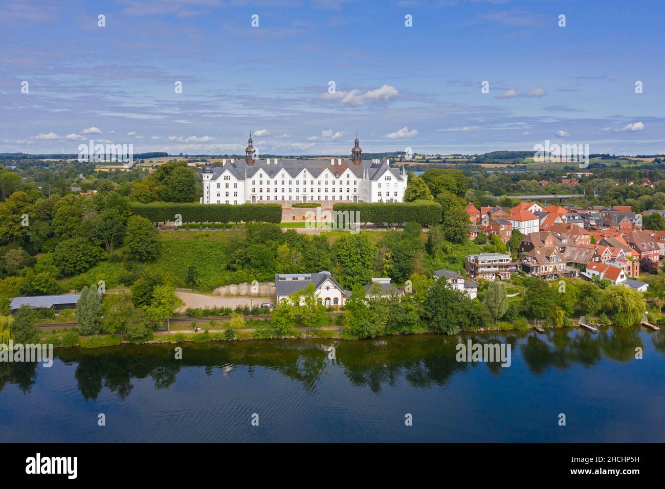 Aerial view over 17th century Plön Castle / Plöner Schloss on the ...
