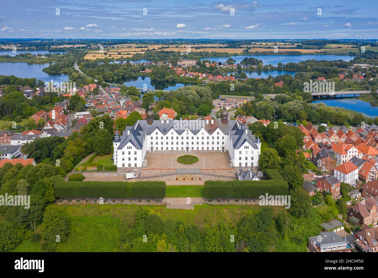 Aerial view over 17th century Plön Castle / Plöner Schloss on the ...