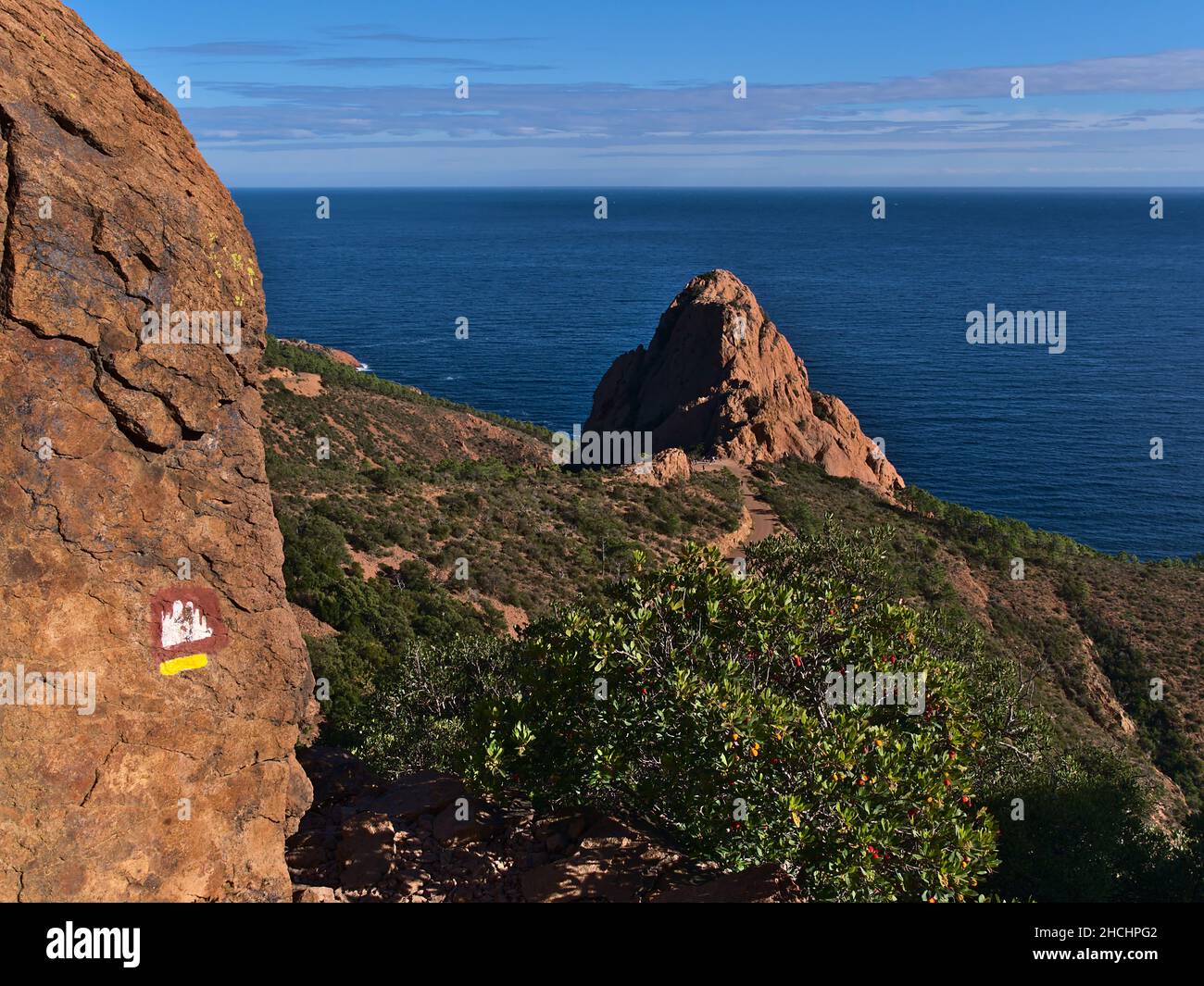 Red rocks at Cap Roux, part of mediterranean coastal mountain range ...