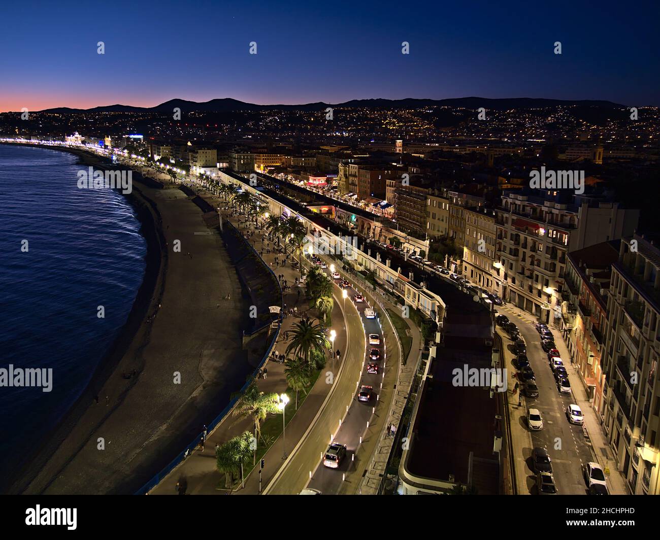 Aerial view of popular Promenade des Anglais with beach Plage des ...