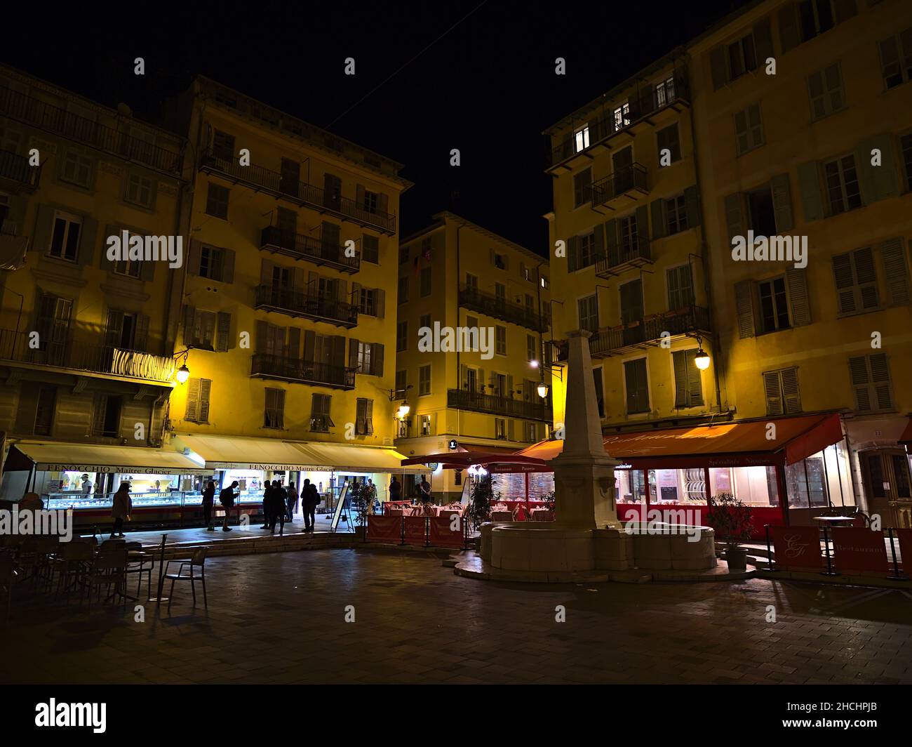Night view of famous square Place Rossetti in the historic center of ...