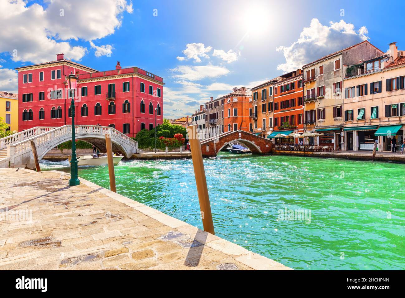 Venice canals, pier and medieval bridges, beautiful view of Italy Stock ...