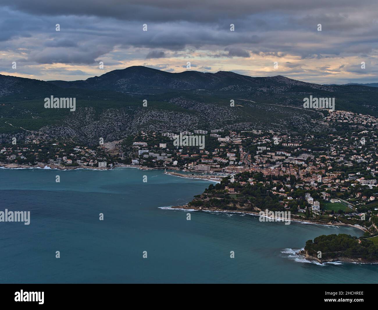 Aerial view of the French Riviera with small town Cassis at the ...