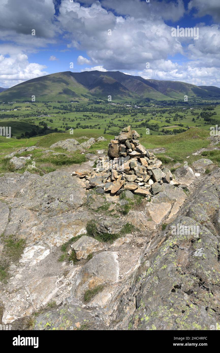 The summit cairn of High Rigg fell overlooking St Johns in the Vale ...