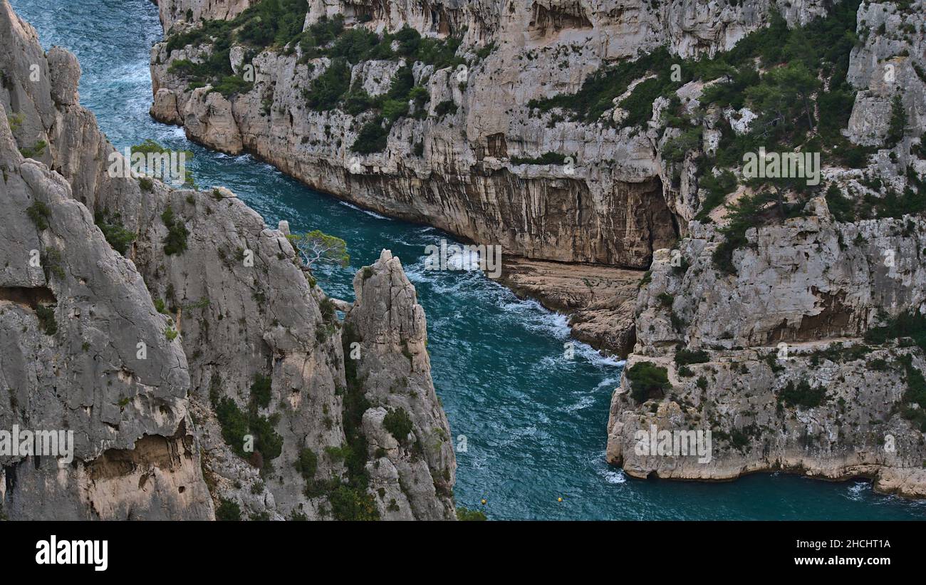 Aerial view of narrow bay Calanque d'En-Vau at the mediterranean coast ...