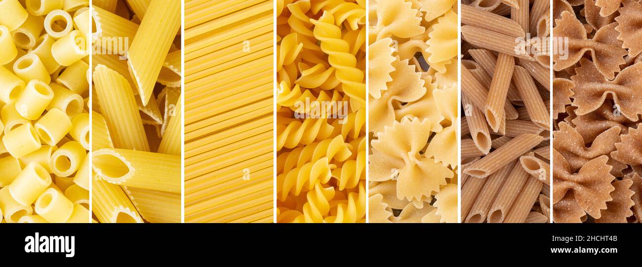 Collage of assorted pasta. Whole and regular uncooked pasta in ...