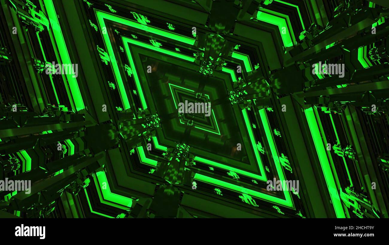 A 3D illustration of an angular neon green rhombus shaped geometric ...