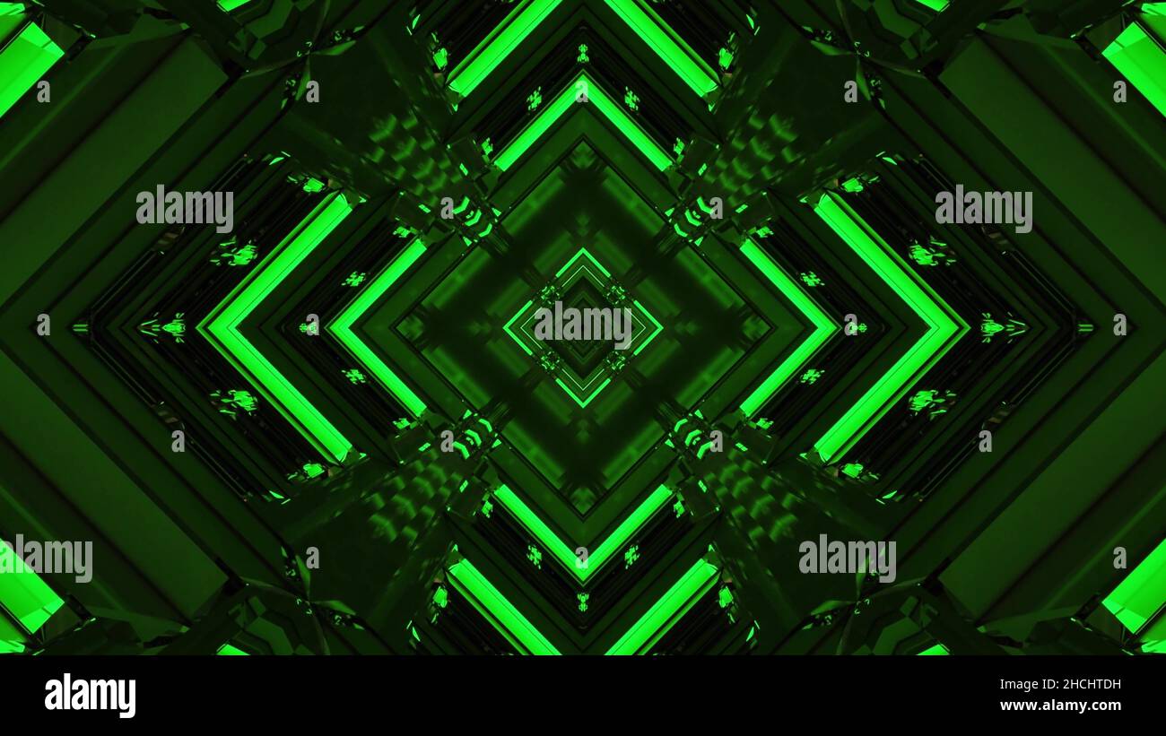 A 3D illustration of a neon green rhombus shaped geometric mandala ...