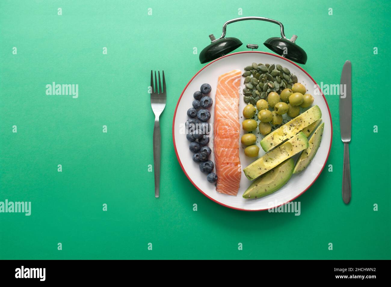 Keto nutrition including carbs, protein and fat on a plate with clock ...