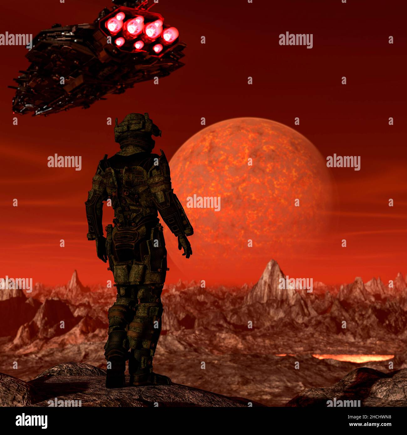 Space traveler exploring a new planet with a spaceship above him - 3d ...