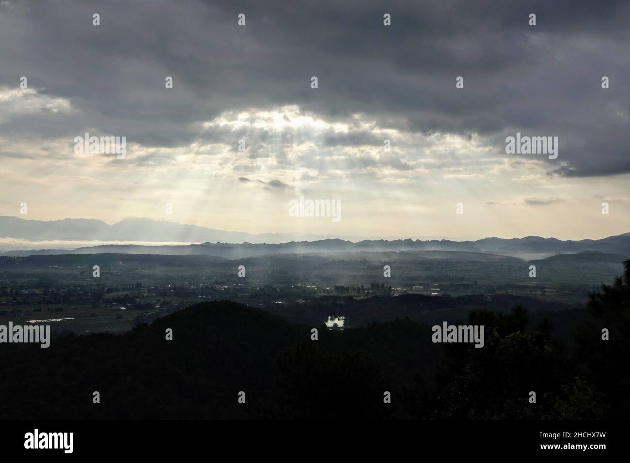 Panoramic shot before stormy rain with clouds and mist Stock Photo - Alamy