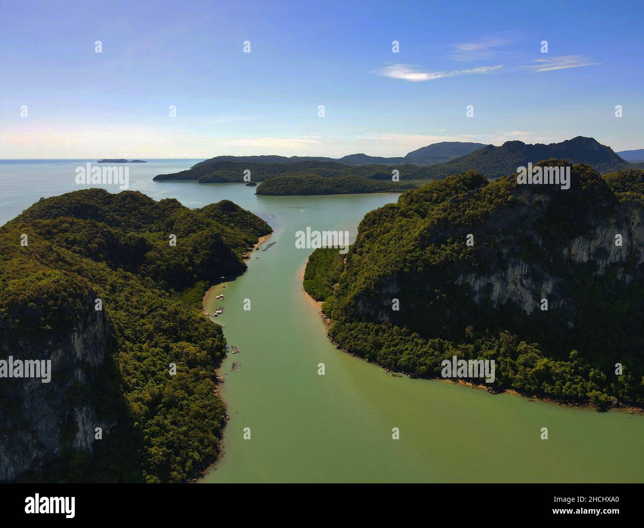 Beautiful view of the water with green hills. Ko Tha Rai, Surat Thani ...