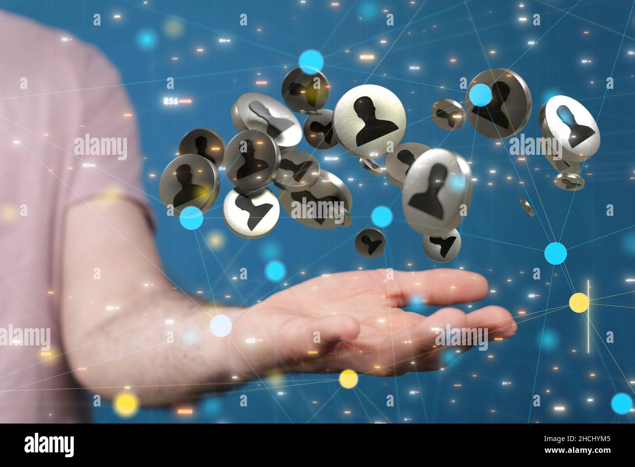 Closeup shot of a hand with digital network connection icons above ...