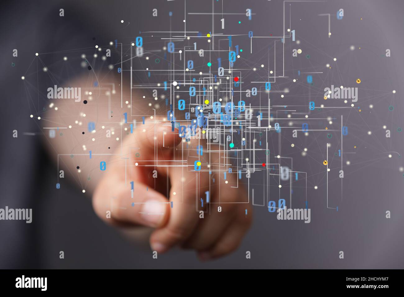 3d rendering of interconnected icons in front of a hand / Data ...