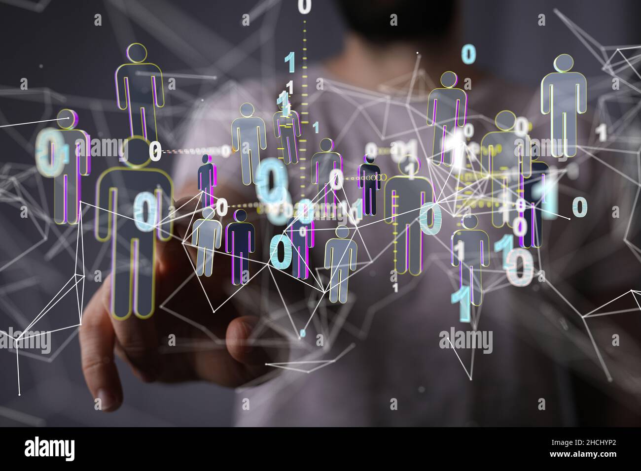 Interconnected icons and a person in the background Stock Photo - Alamy
