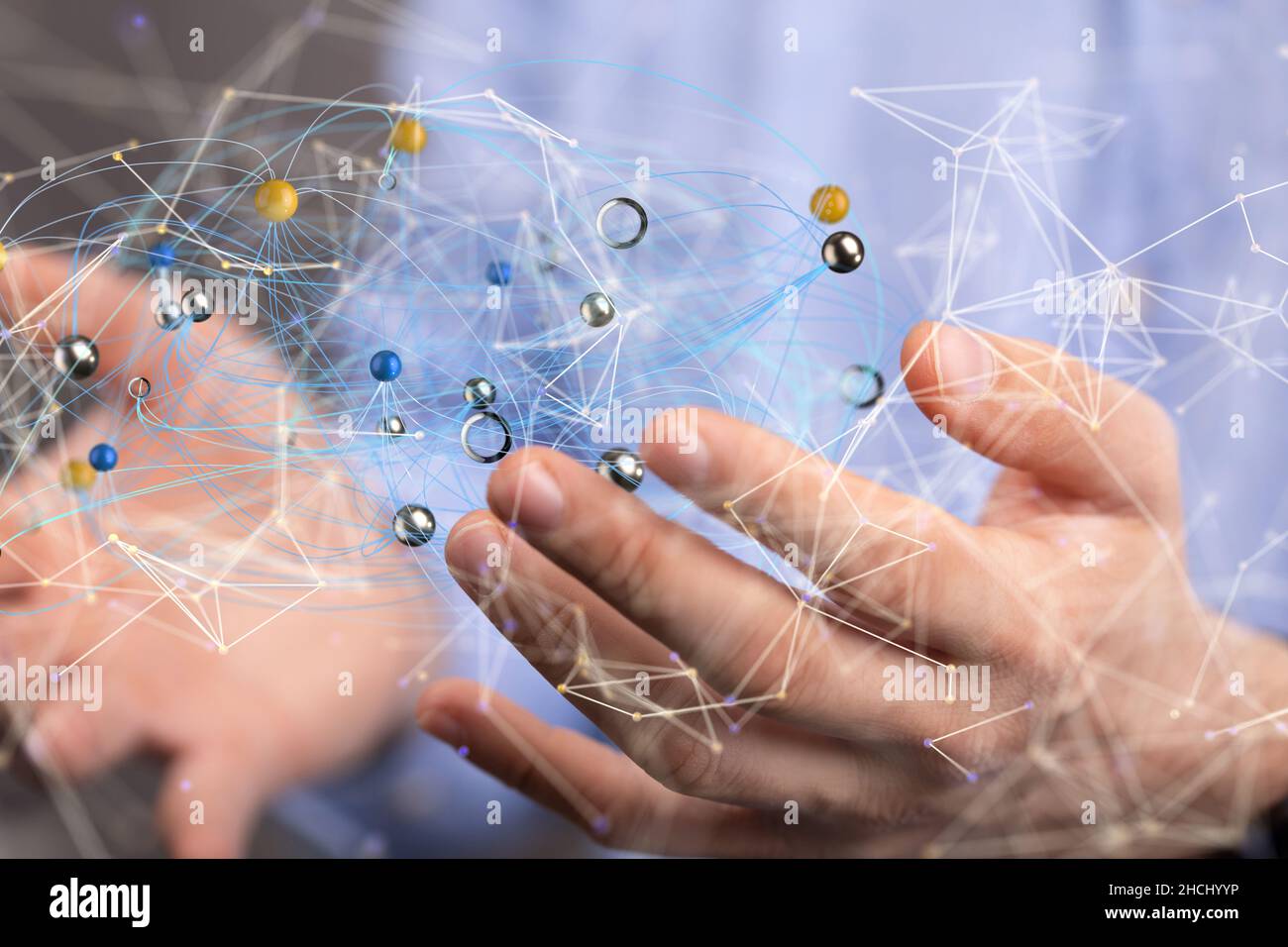 3d rendering of interconnected icons and hands in the background / Data ...