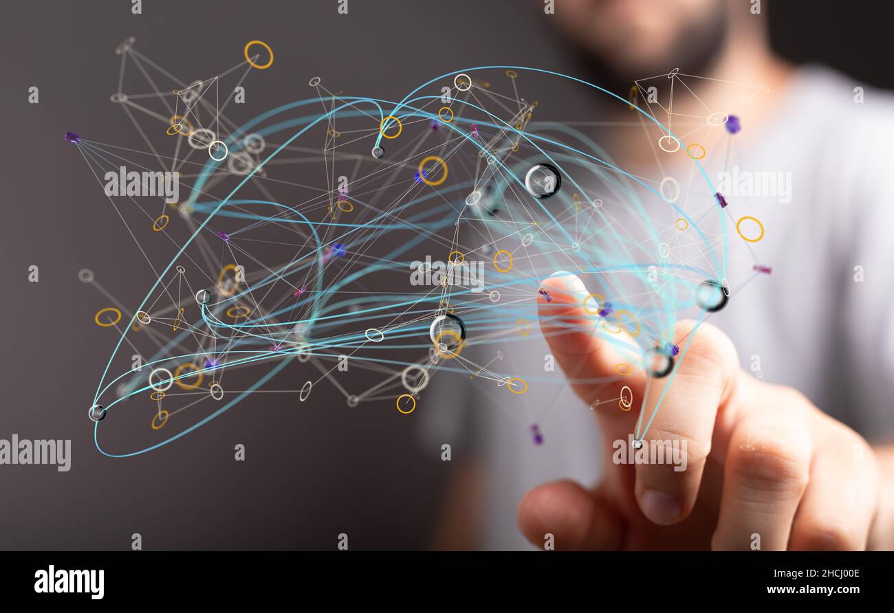 Hand touching the floating dots with connecting strings Stock Photo - Alamy