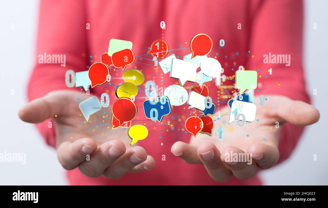 Closeup shot of hands with colorful communication icons above Stock ...