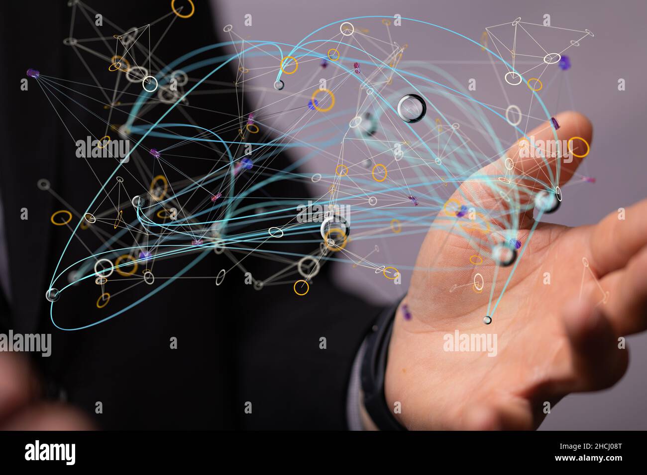 Floating dots with connecting strings above the hand Stock Photo - Alamy