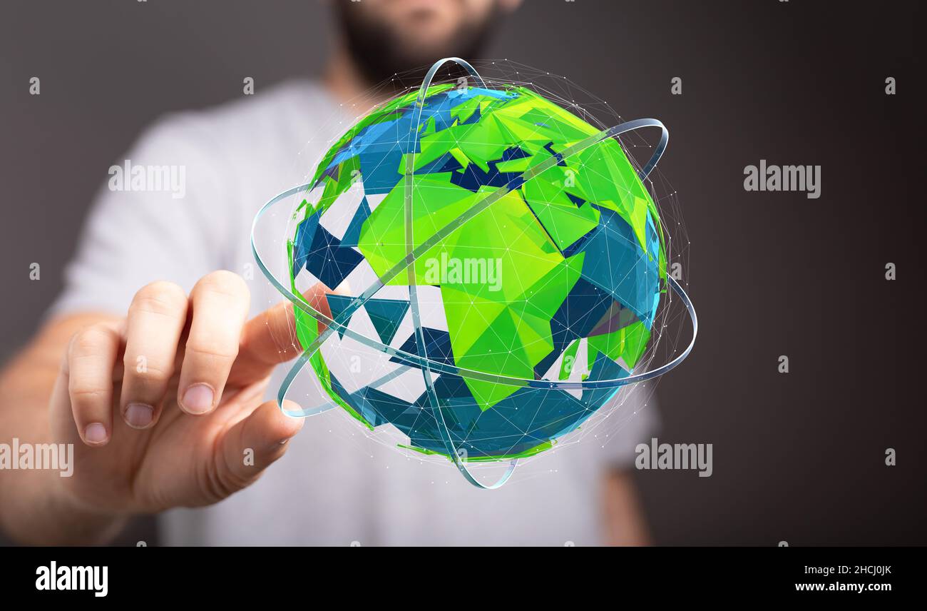 3d rendering of the Earth icon on the background of a person ...