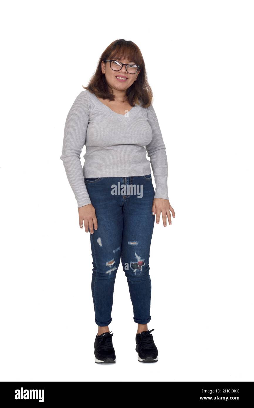 front view of a woman on white background Stock Photo - Alamy
