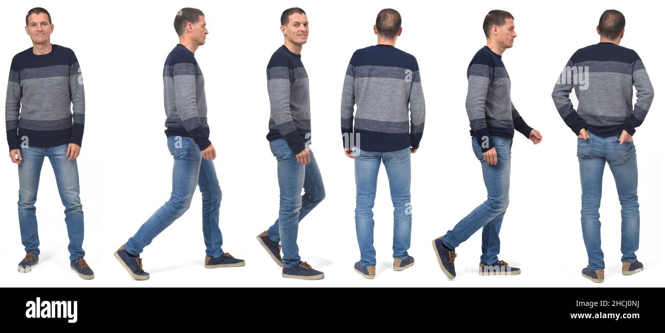 front view of same man standing and walking on white background Stock ...
